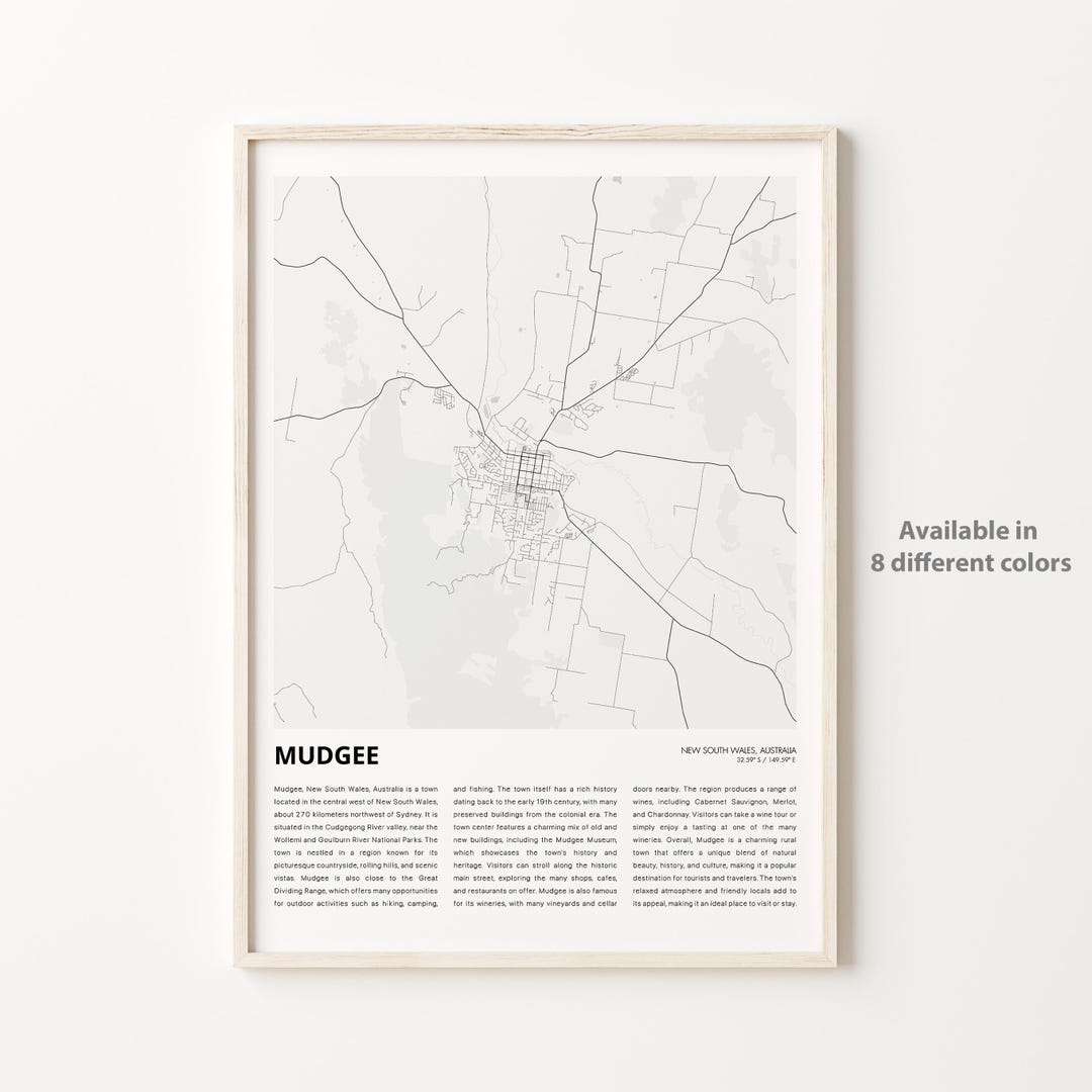 Mudgee Map Print, Mudgee Travel Map, Mudgee Wall Decor Art, Mudgee New ...