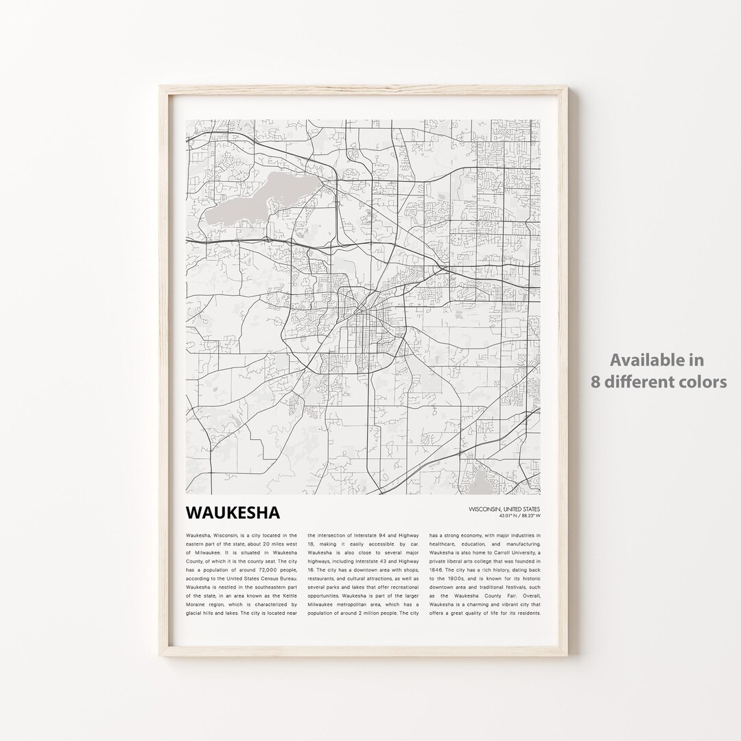 Waukesha Map Print, Waukesha Travel Map, Waukesha Wall Decor Art ...