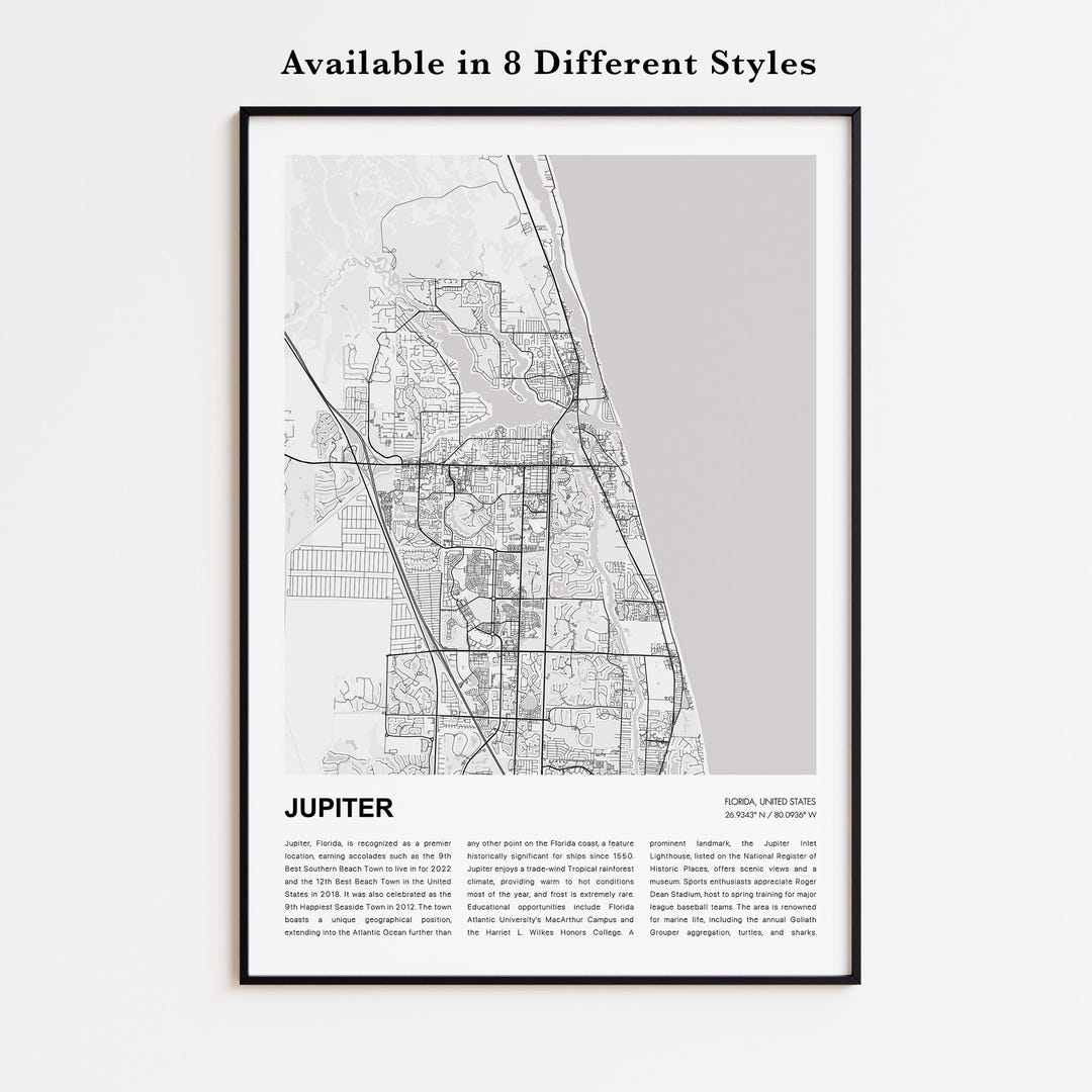 Jupiter Map Print, Jupiter Travel Map, Jupiter Wall Decor Art, Jupiter ...