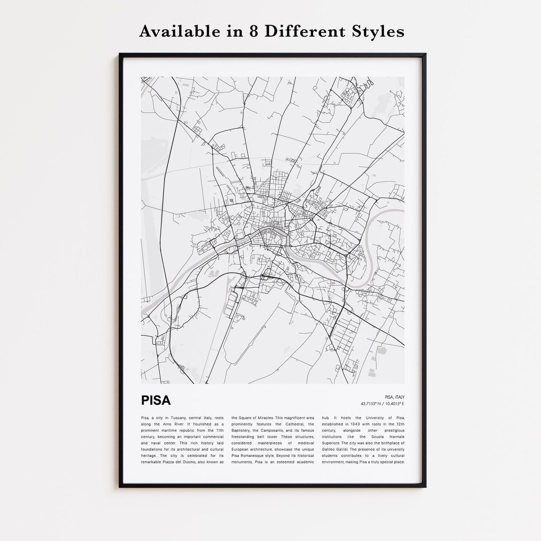 Mapa de Pisa impreso, Mapa turístico de Pisa, Arte decorativo de pared ...