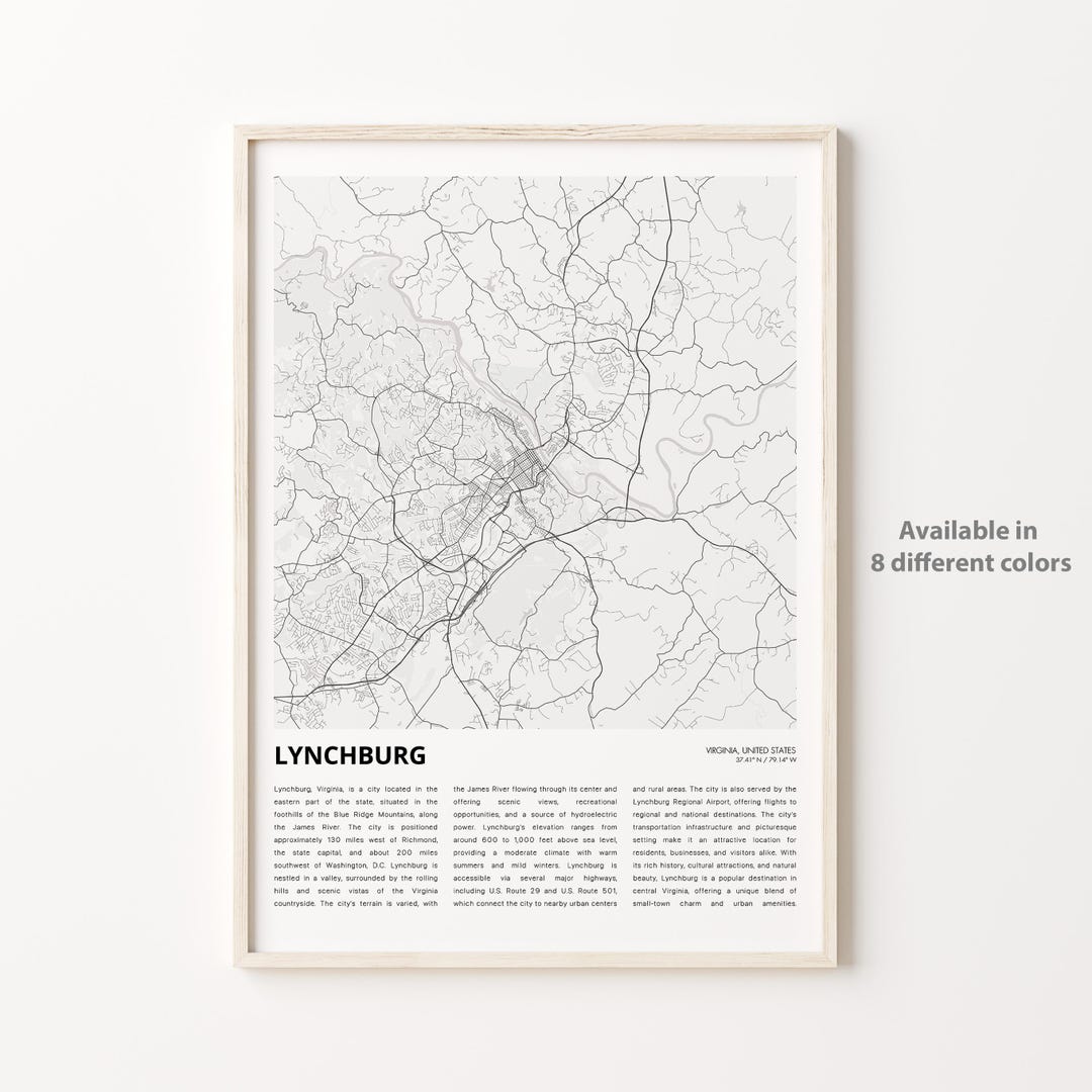 Lynchburg Map Print, Lynchburg Travel Map, Lynchburg Wall Decor Art ...