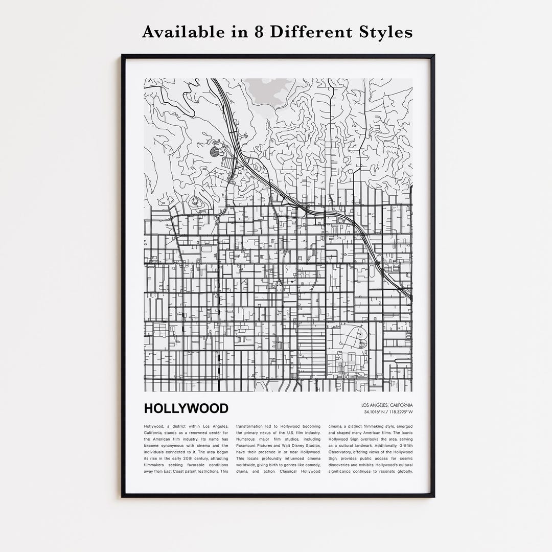 Hollywood Map Print, Hollywood Travel Map, Hollywood Wall Decor Art ...