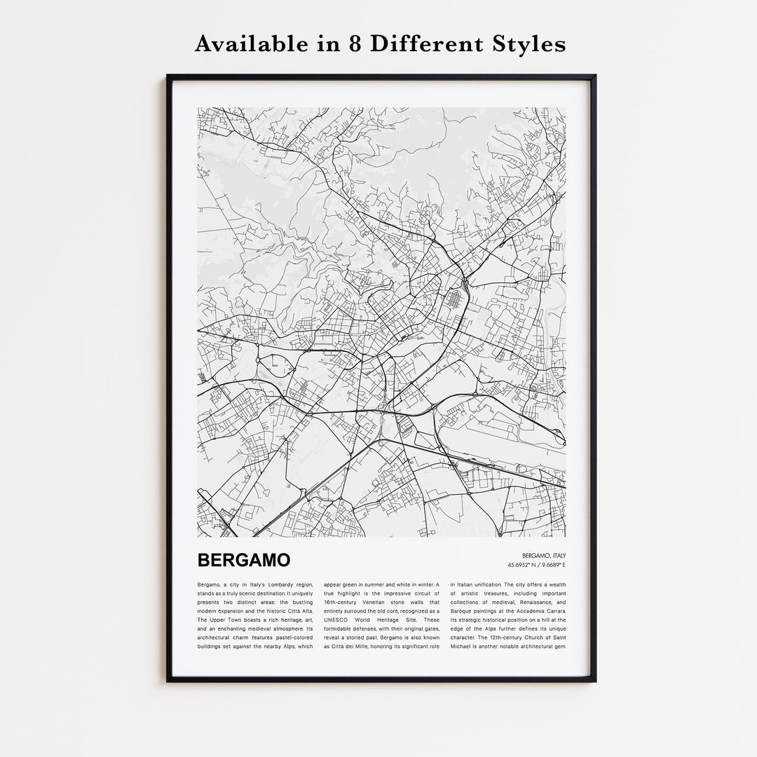 Bergamo Map Print, Bergamo Travel Map, Bergamo Wall Decor Art, Bergamo ...