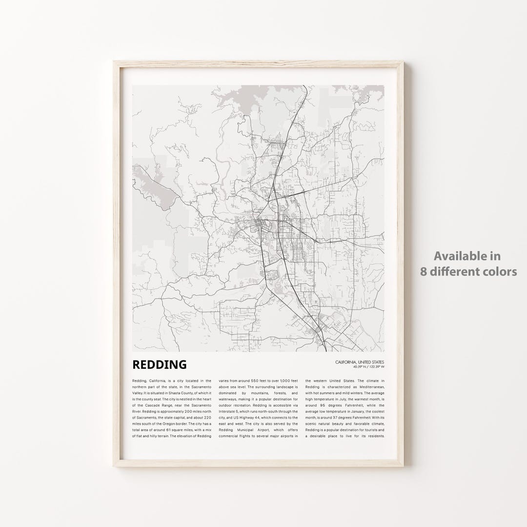 Redding Map Print, Redding Travel Map, Redding Wall Decor Art, Redding ...