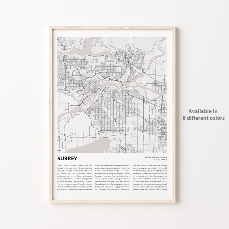 Surrey Map Print, Surrey Travel Map, Surrey Wall Decor Art, Surrey ...
