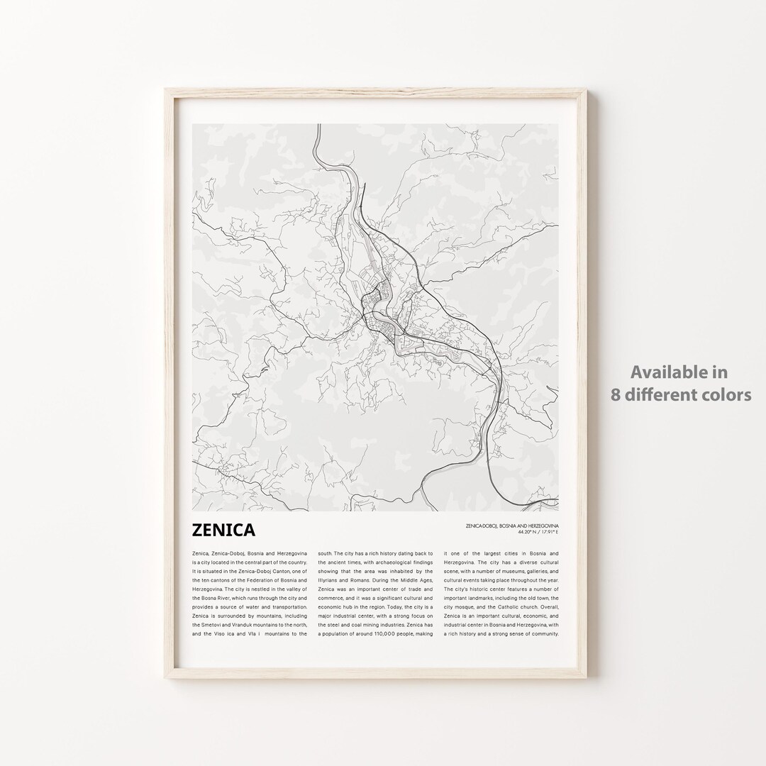 Zenica Map Print, Zenica Travel Map, Zenica Wall Decor Art, Zenica ...