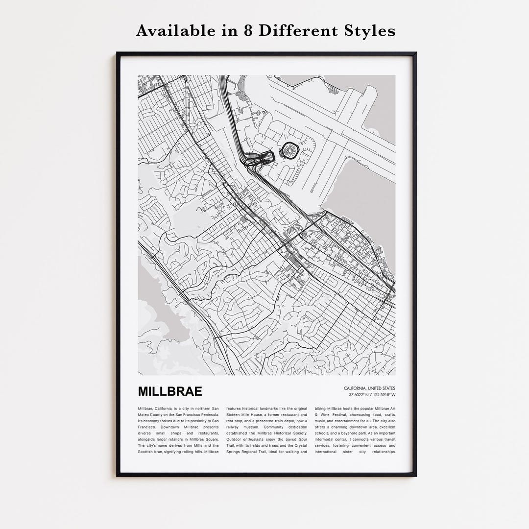 Millbrae Map Print, Millbrae Travel Map, Millbrae Wall Decor Art ...