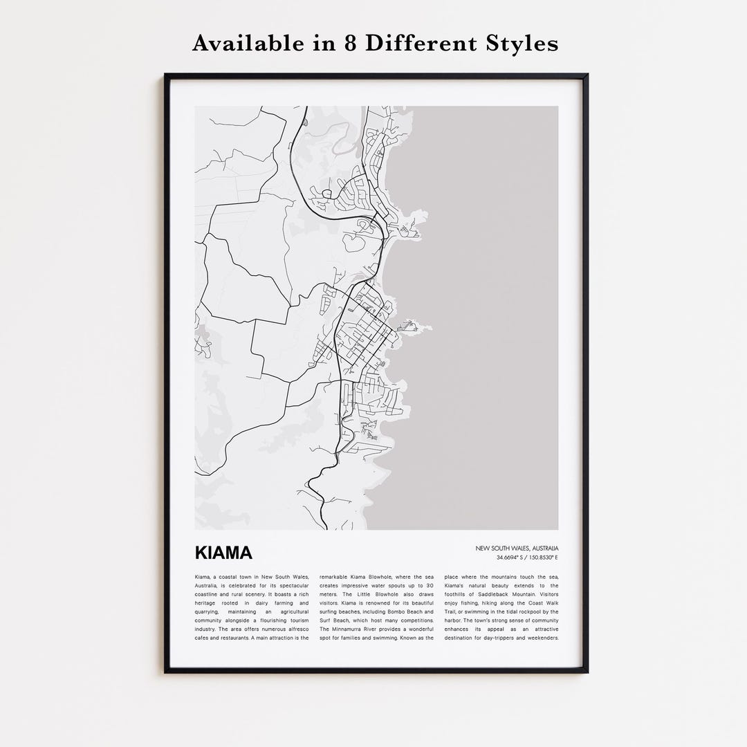Kiama Map Print, Kiama Travel Map, Kiama Wall Decor Art, Kiama New ...