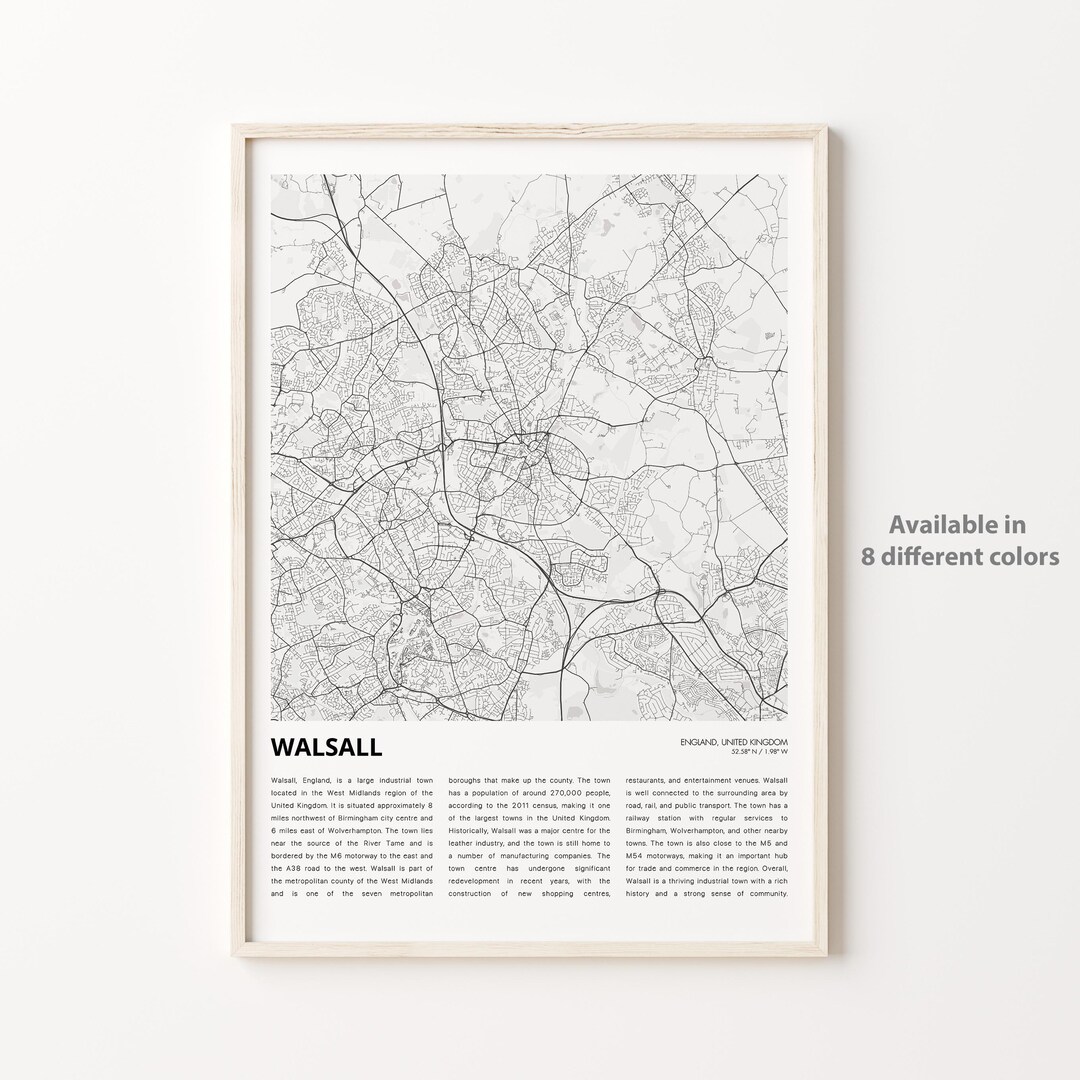 Walsall Map Print, Walsall Travel Map, Walsall Wall Decor Art, Walsall ...