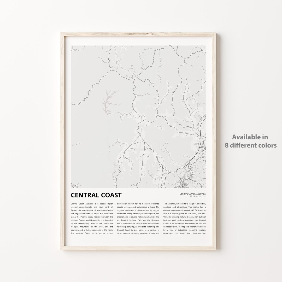 Central Coast Map Print, Central Coast Travel Map, Central Coast Wall ...