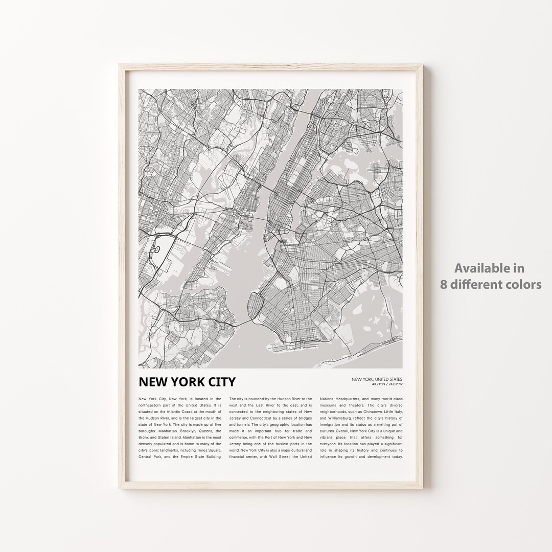 New York City Map Print, New York City Travel Map, New York City Wall ...