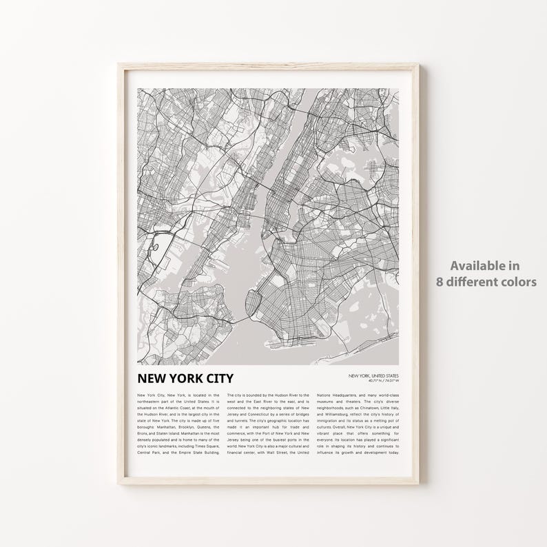 New York City Map Print, New York City Travel Map, New York City Wall ...