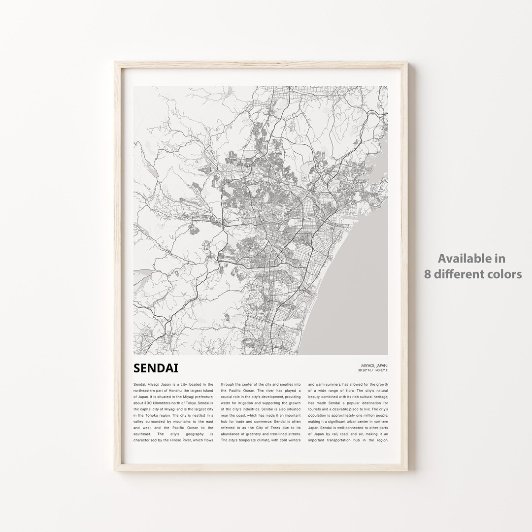 Sendai Map Print, Sendai Travel Map, Sendai Wall Decor Art, Sendai ...
