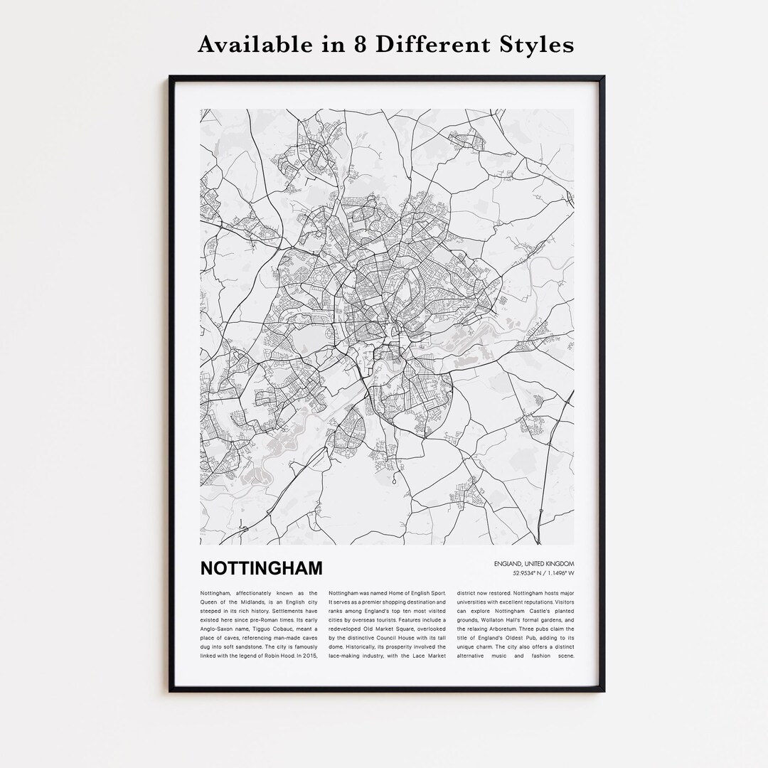 Nottingham Map Print, Nottingham Travel Map, Nottingham Wall Decor Art ...