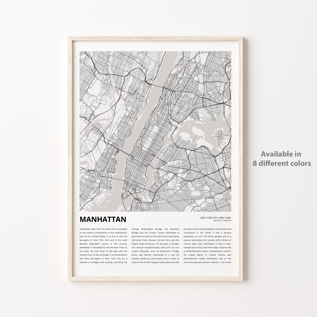 Manhattan Map Print, Manhattan Travel Map, Manhattan Wall Decor Art ...