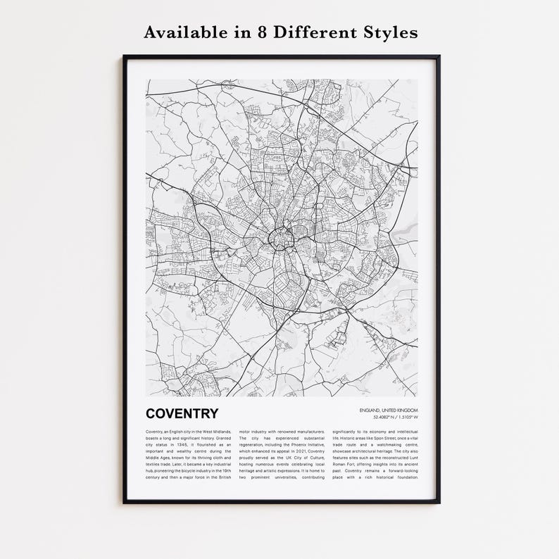 Mapa de Coventry impreso, Mapa turístico de Coventry, Arte decorativo ...
