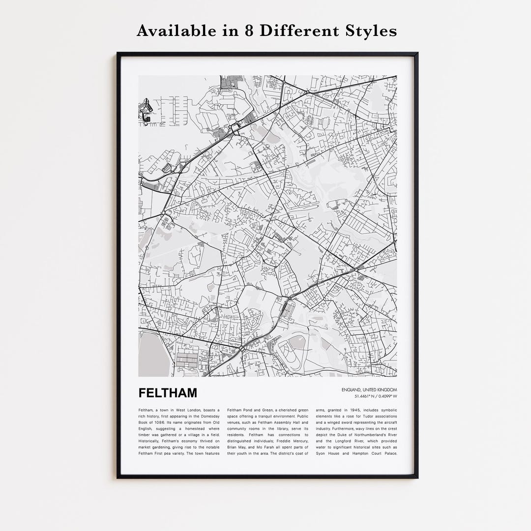 Feltham Map Print, Feltham Travel Map, Feltham Wall Decor Art, Feltham ...