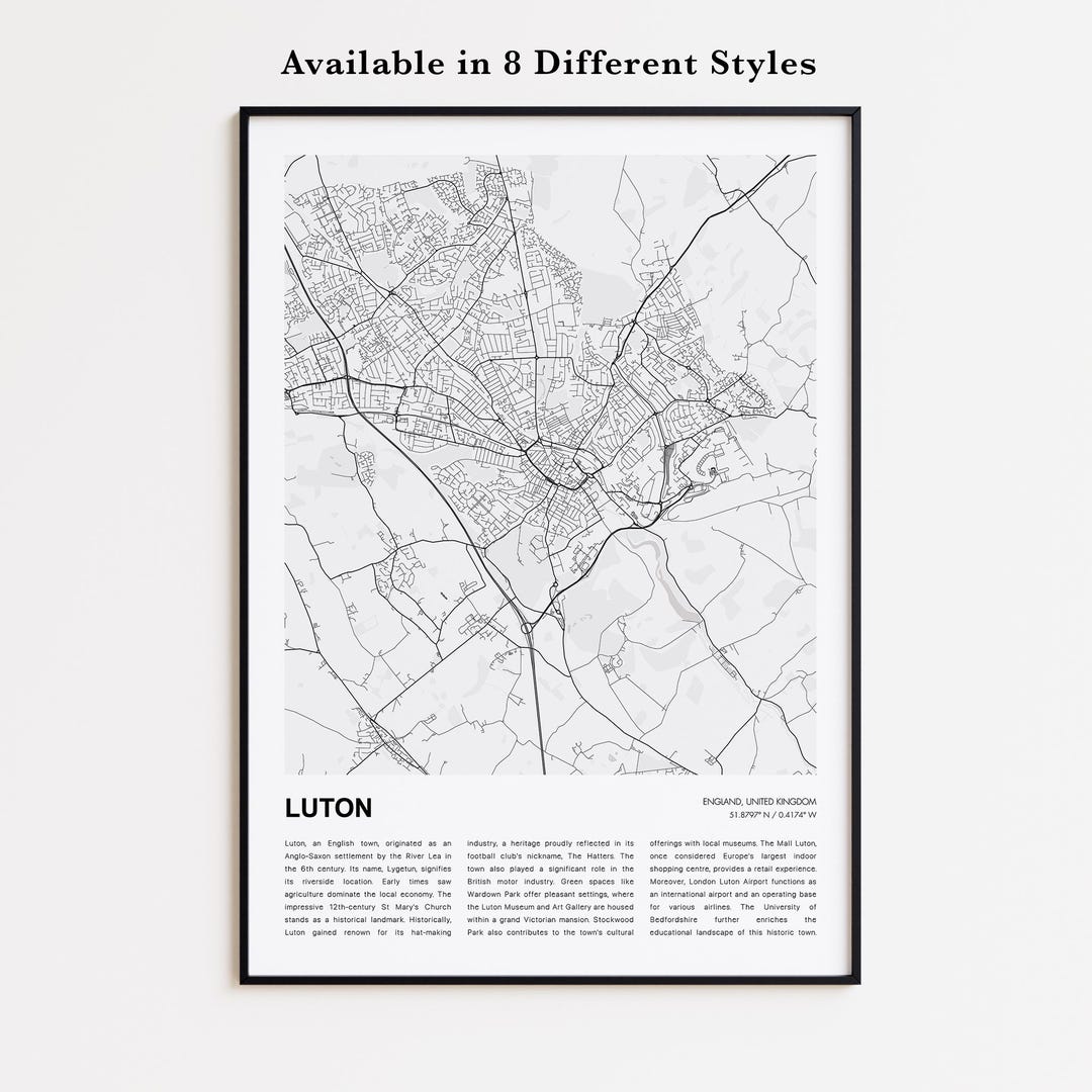 Luton Map Print, Luton Travel Map, Luton Wall Decor Art, Luton England ...