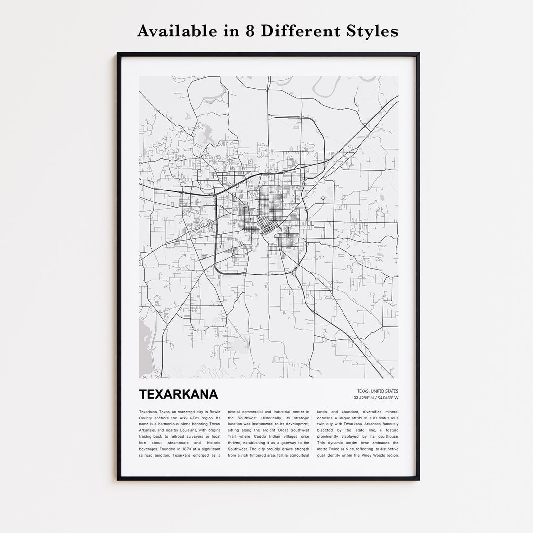 Texarkana Map Print, Texarkana Travel Map, Texarkana Wall Decor Art ...
