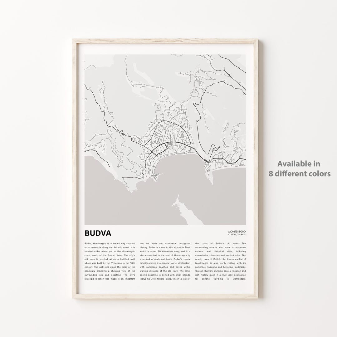 Budva Map Print, Budva Travel Map, Budva Wall Decor Art, Budva ...