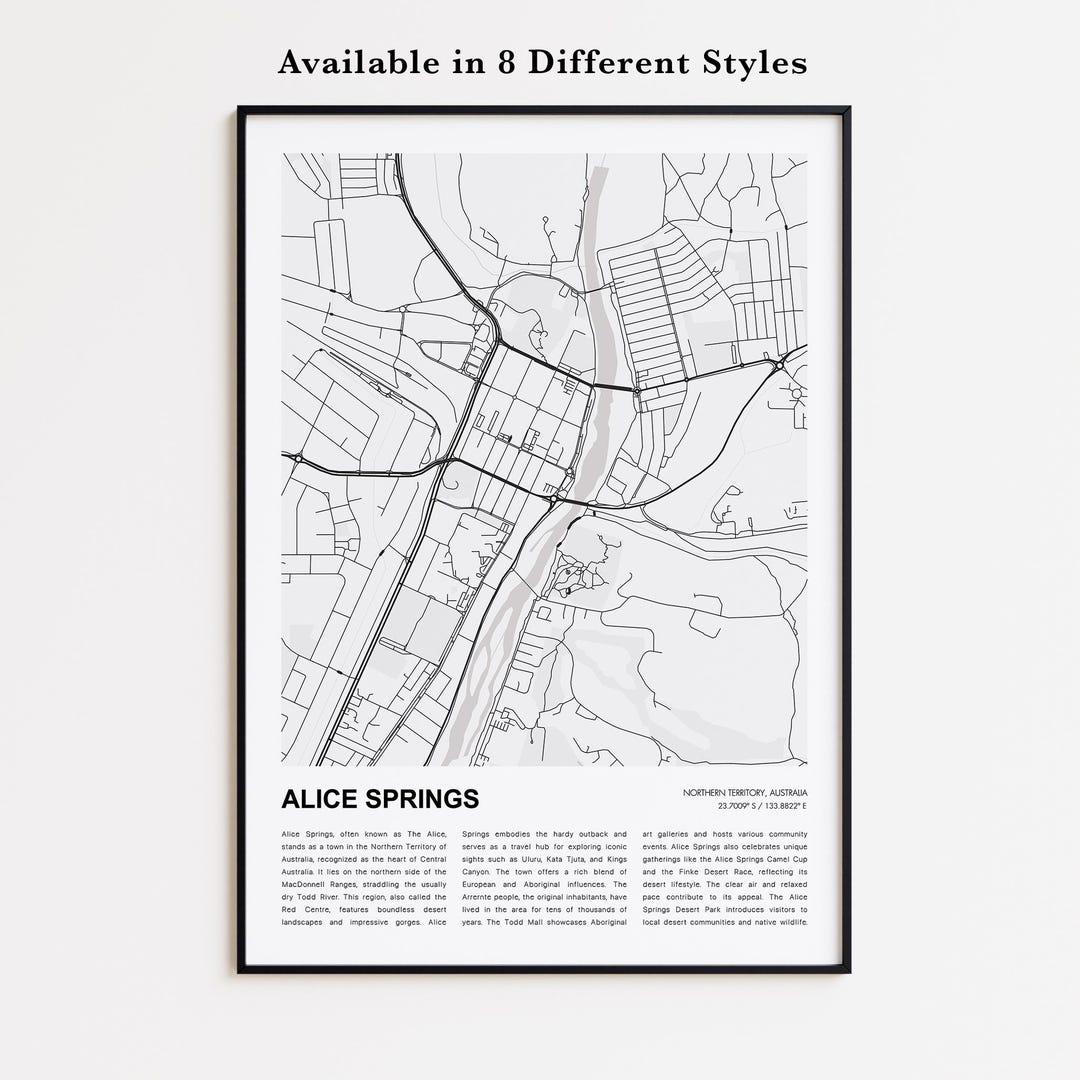 Alice Springs Map Print, Alice Springs Travel Map, Alice Springs Wall ...