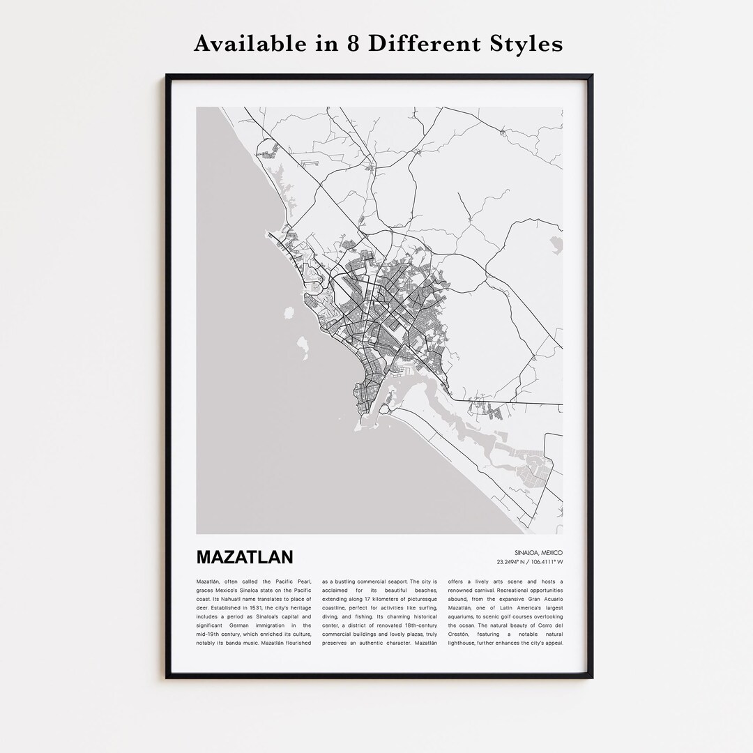 Mazatlan Map Print, Mazatlan Travel Map, Mazatlan Wall Decor Art ...