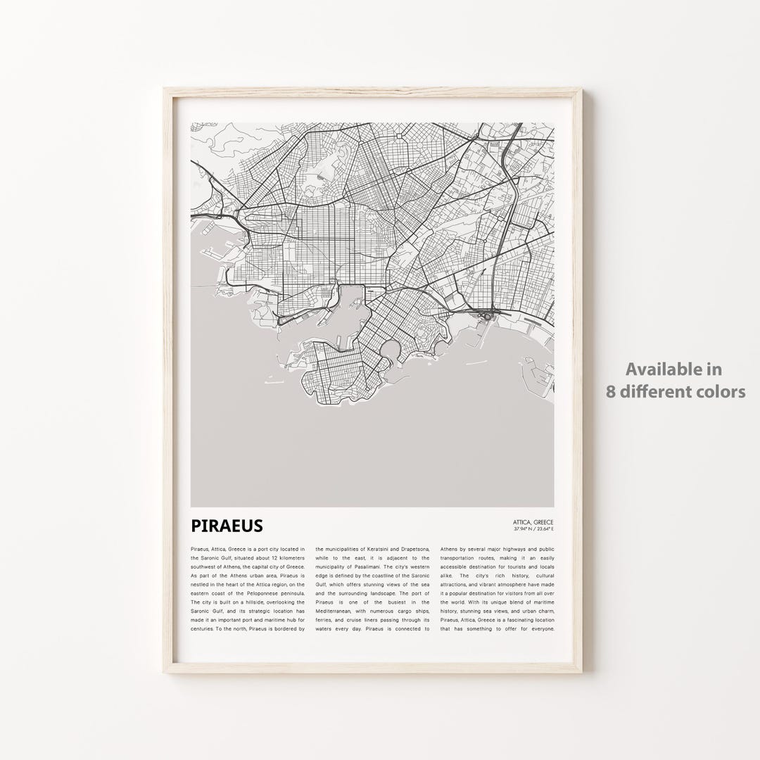 Piraeus Map Print, Piraeus Travel Map, Piraeus Wall Decor Art, Piraeus ...