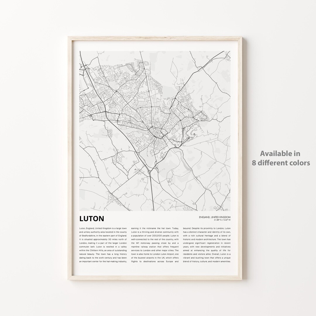 Luton Map Print, Luton Travel Map, Luton Wall Decor Art, Luton England ...