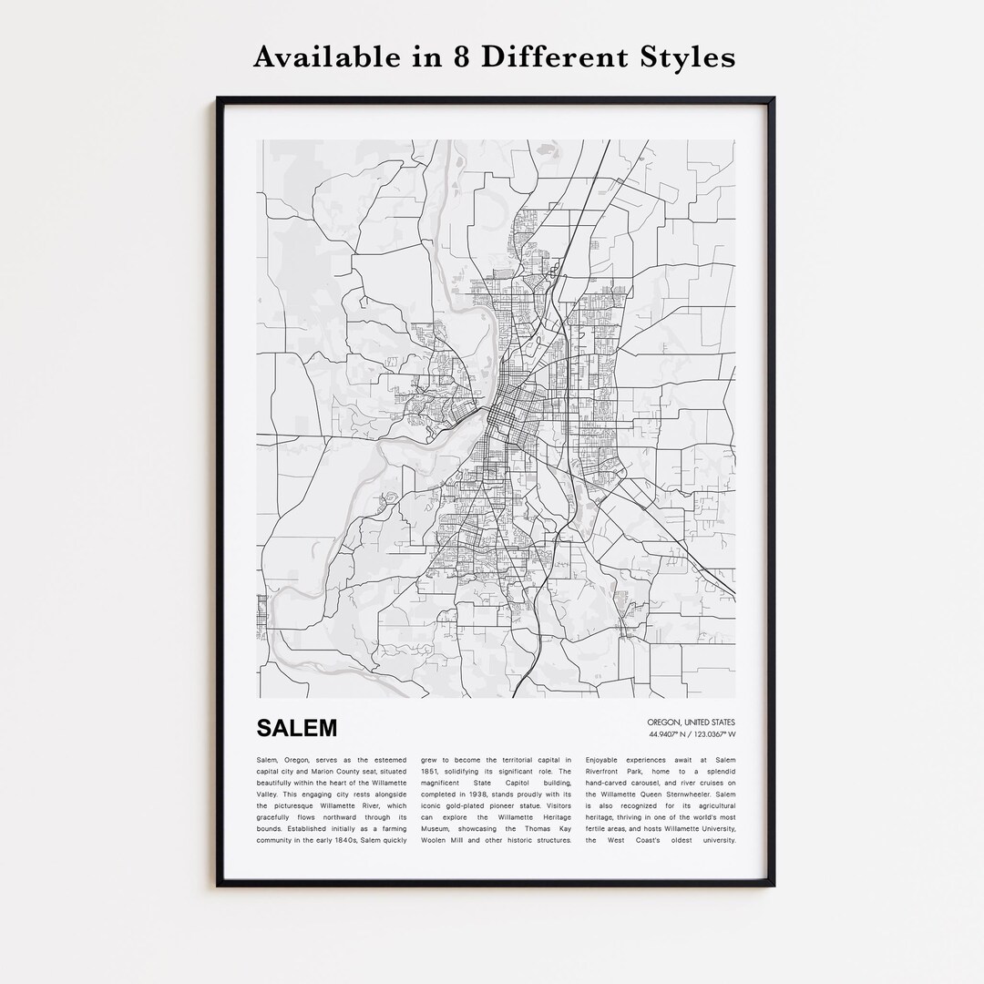 Salem Map Print, Salem Travel Map, Salem Wall Decor Art, Salem Oregon ...