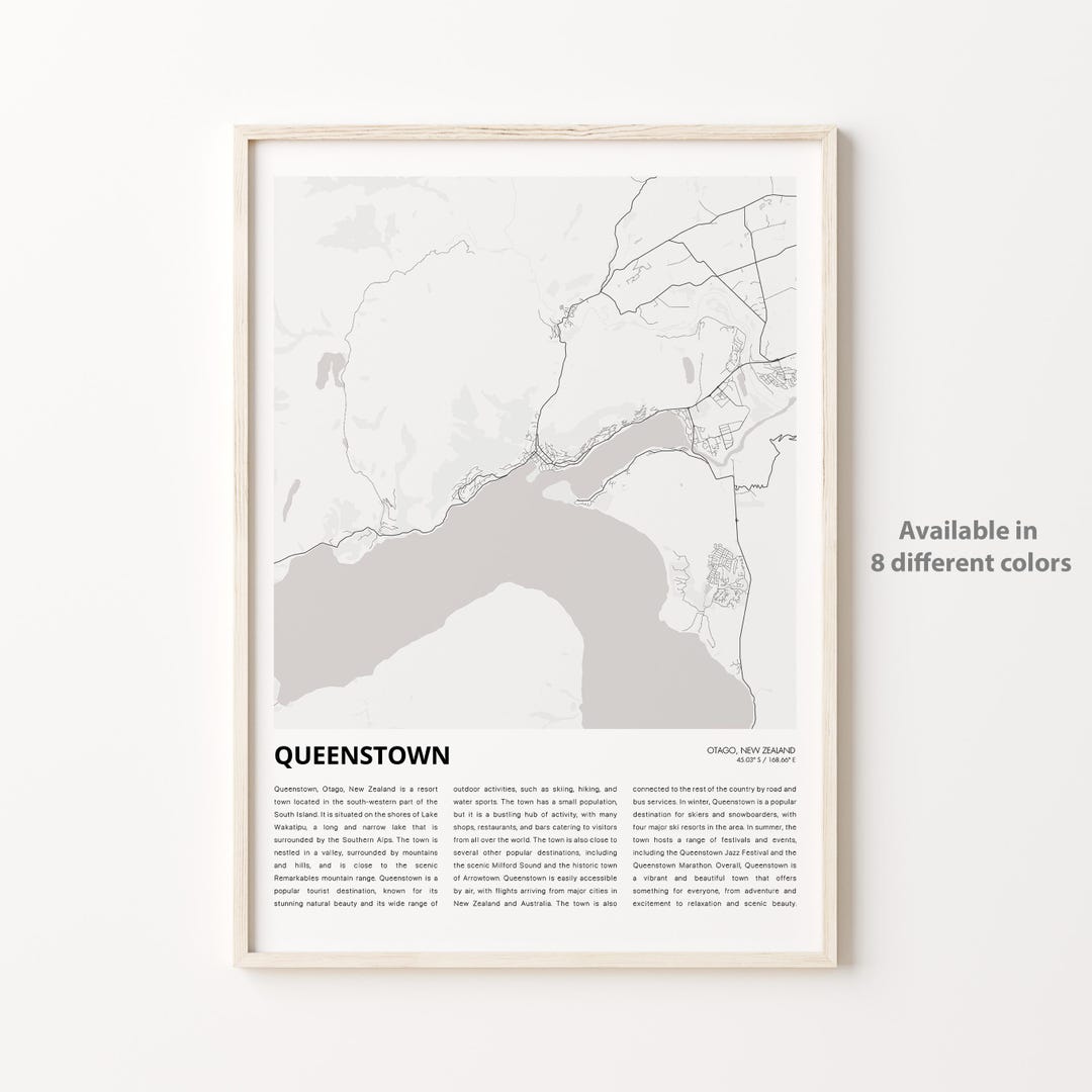 Queenstown Map Print, Queenstown Travel Map, Queenstown Wall Decor Art ...
