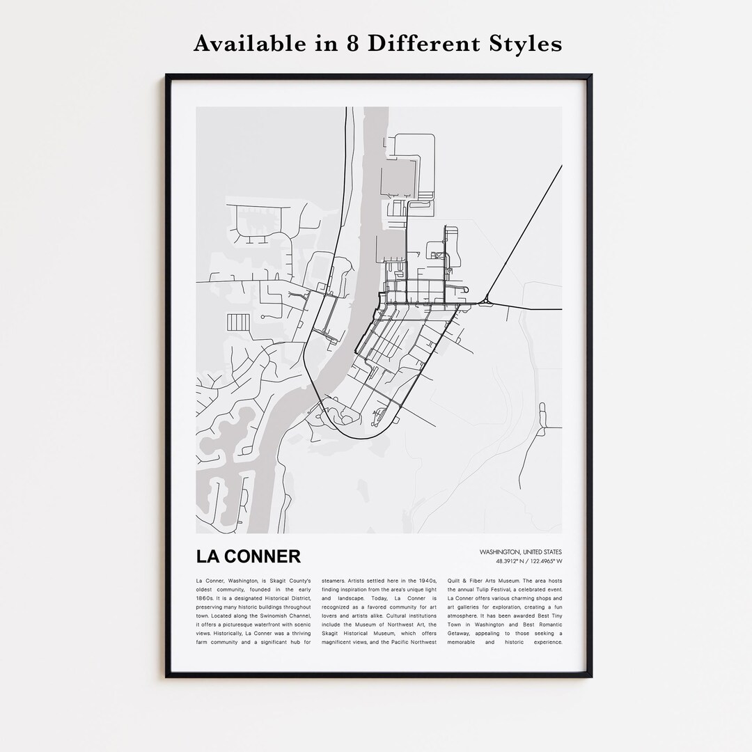La Conner Map Print, La Conner Travel Map, La Conner Wall Decor Art, La ...
