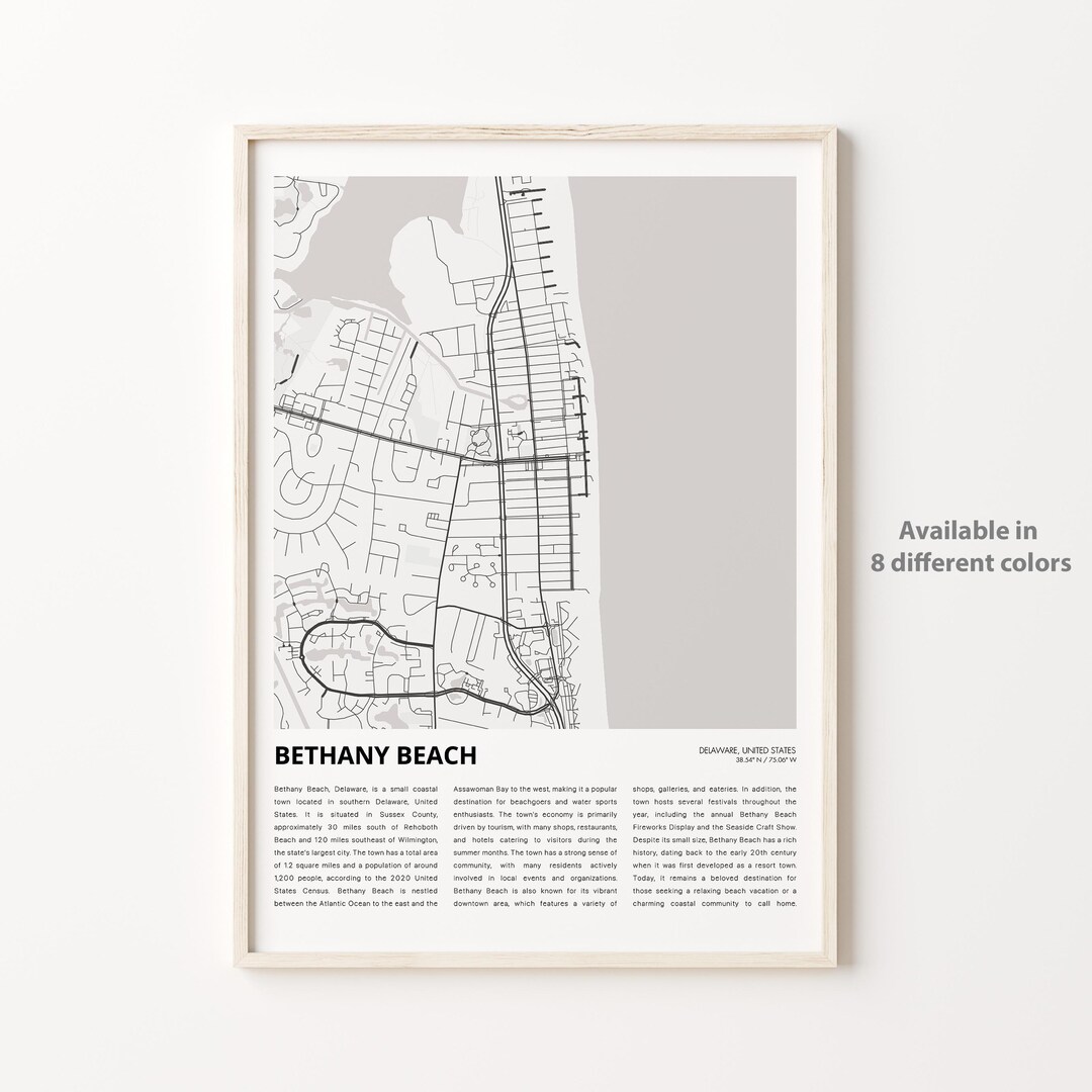Bethany Beach Map Print, Bethany Beach Travel Map, Bethany Beach Wall ...