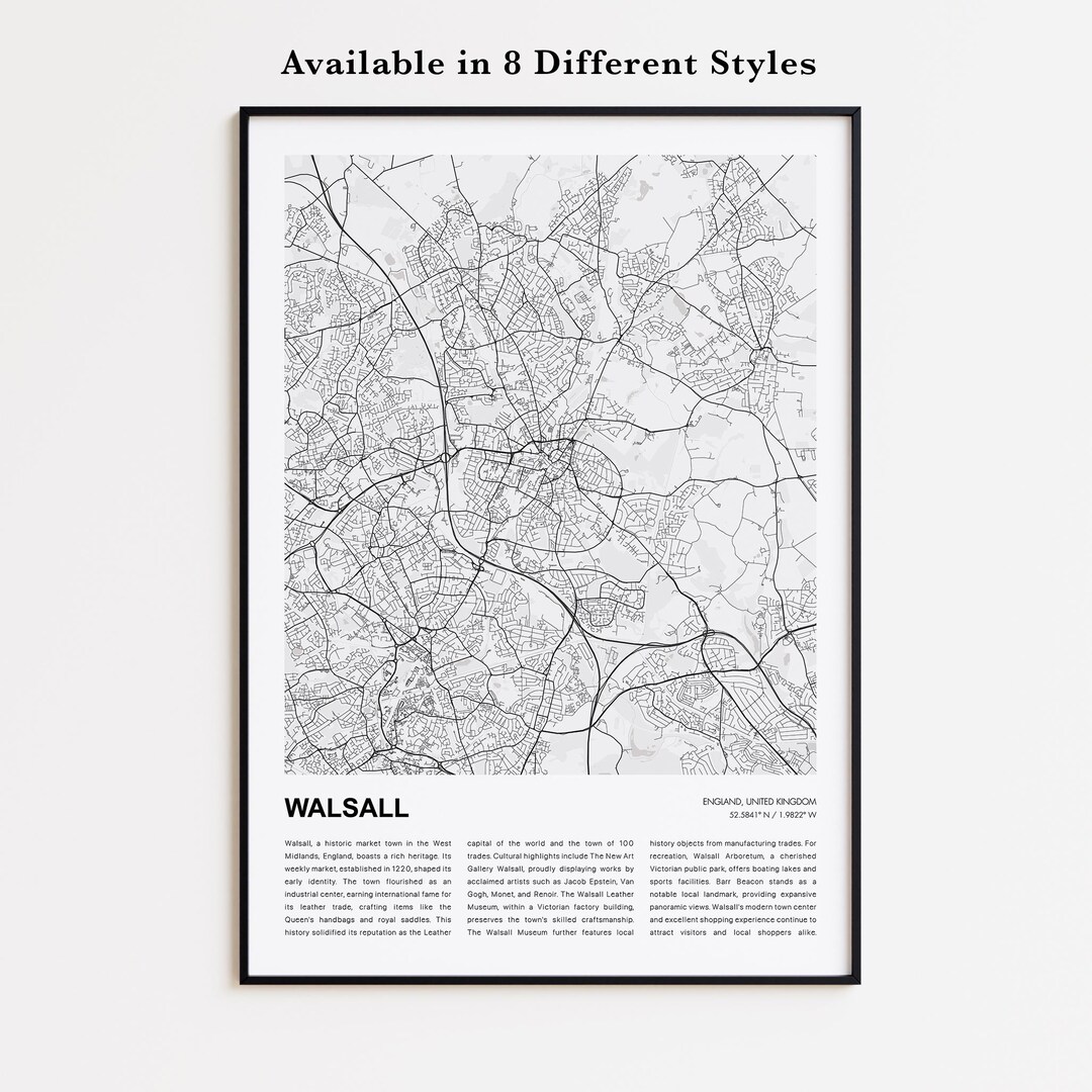 Walsall Map Print, Walsall Travel Map, Walsall Wall Decor Art, Walsall ...