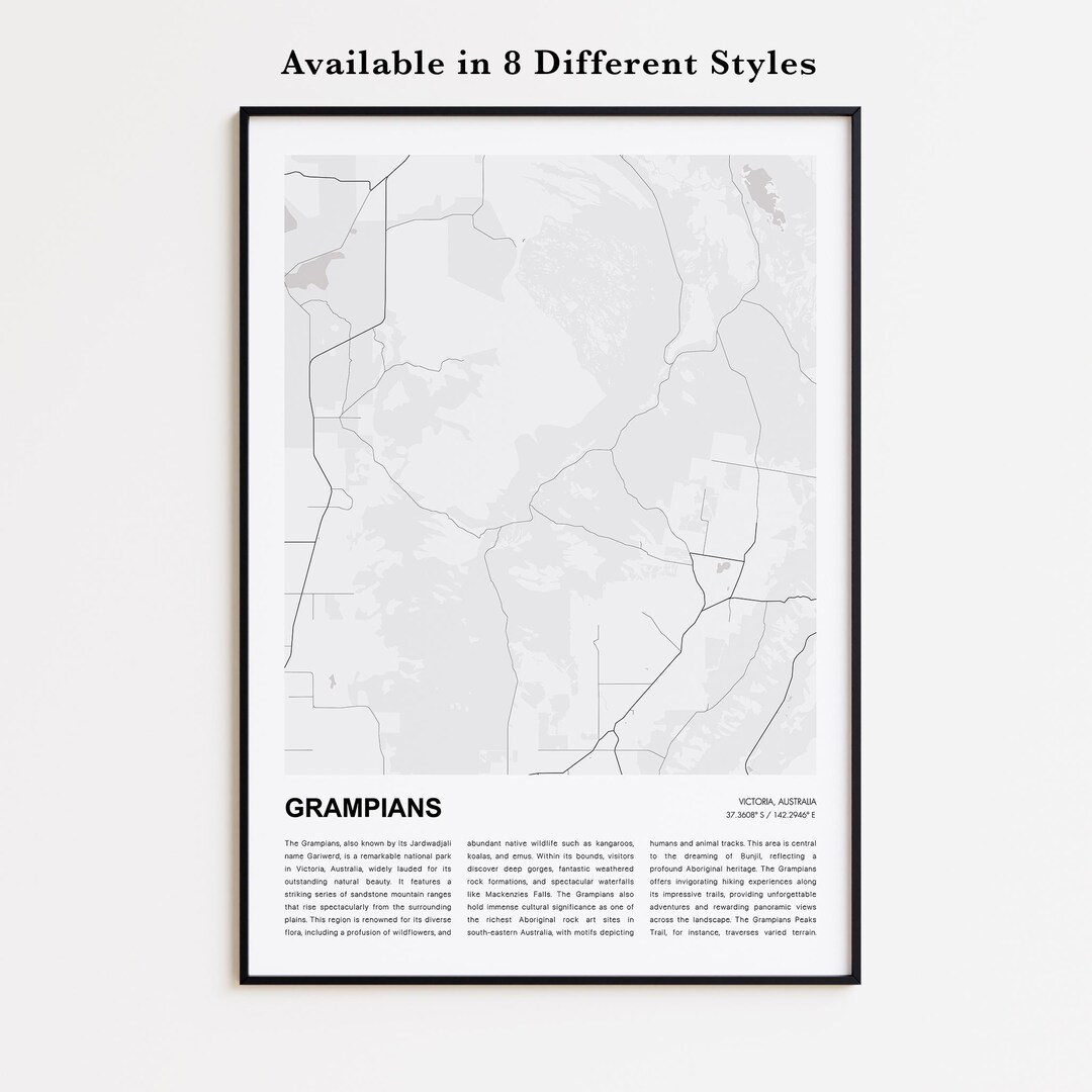 Grampians Map Print, Grampians Travel Map, Grampians Wall Decor Art ...