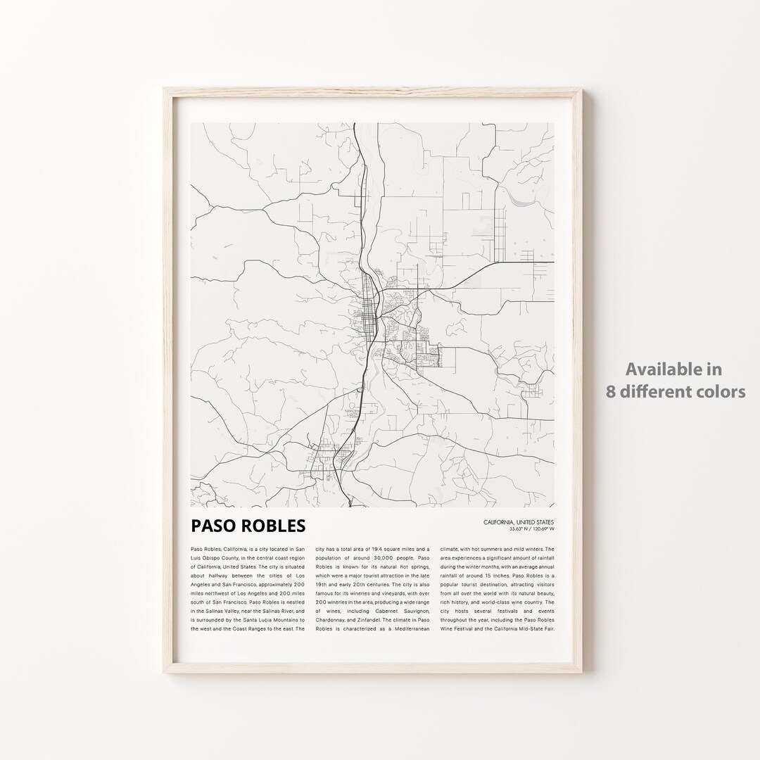 Paso Robles Map Print, Paso Robles Travel Map, Paso Robles Wall Decor ...