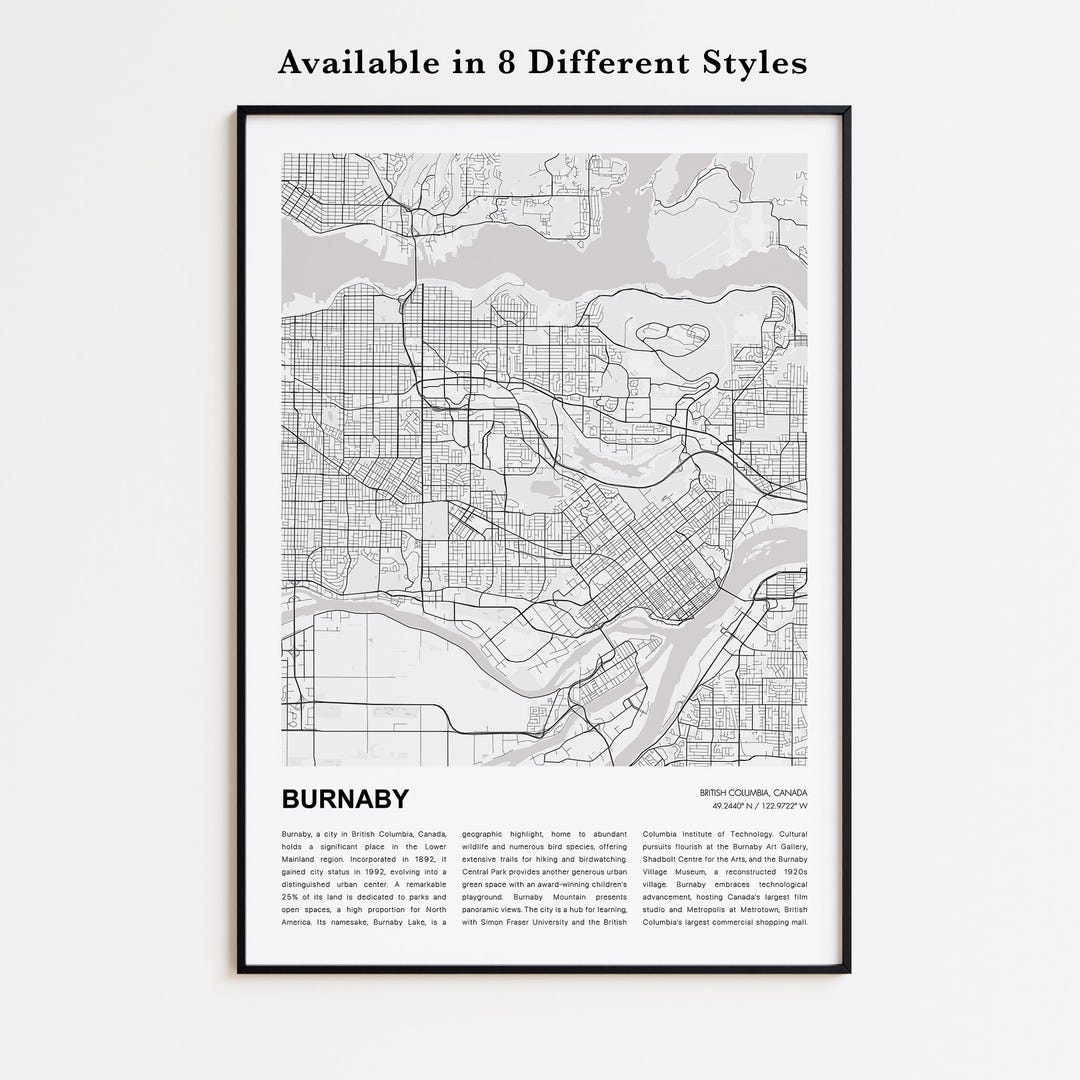 Burnaby Map Print, Burnaby Travel Map, Burnaby Wall Decor Art, Burnaby ...