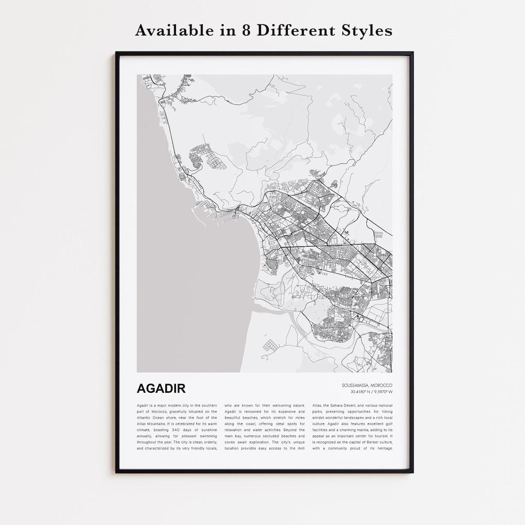 Agadir Map Print, Agadir Travel Map, Agadir Wall Decor Art, Agadir ...