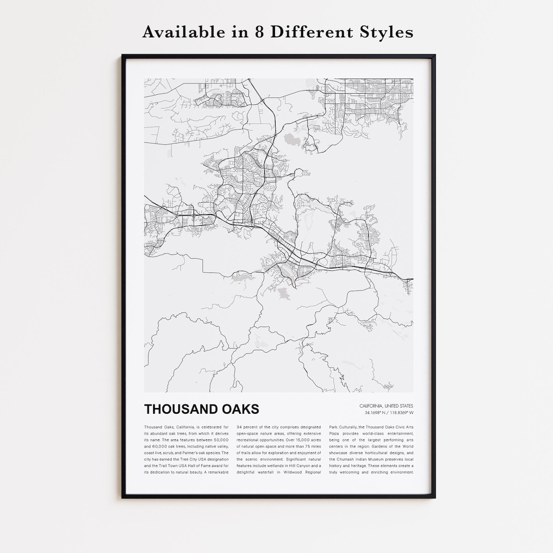 Thousand Oaks Map Print, Thousand Oaks Travel Map, Thousand Oaks Wall ...