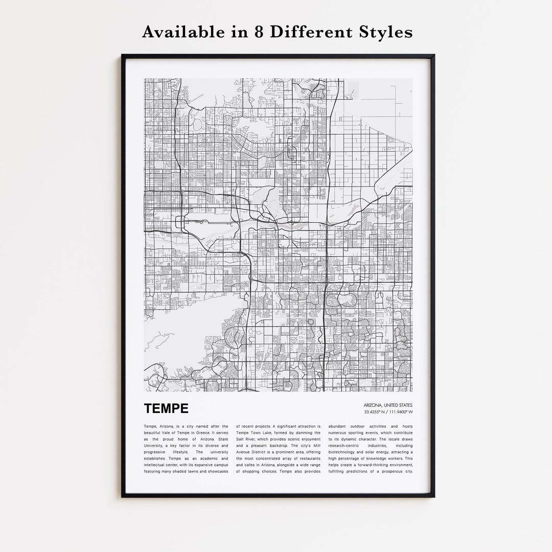 Tempe Map Print, Tempe Travel Map, Tempe Wall Decor Art, Tempe Arizona ...