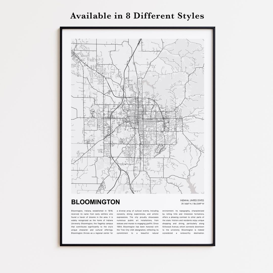 Bloomington Map Print, Bloomington Travel Map, Bloomington Wall Decor ...