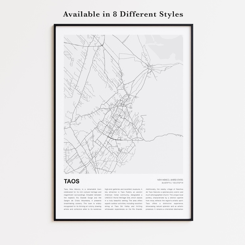 Taos Map Print, Taos Travel Map, Taos Wall Decor Art, Taos New Mexico ...