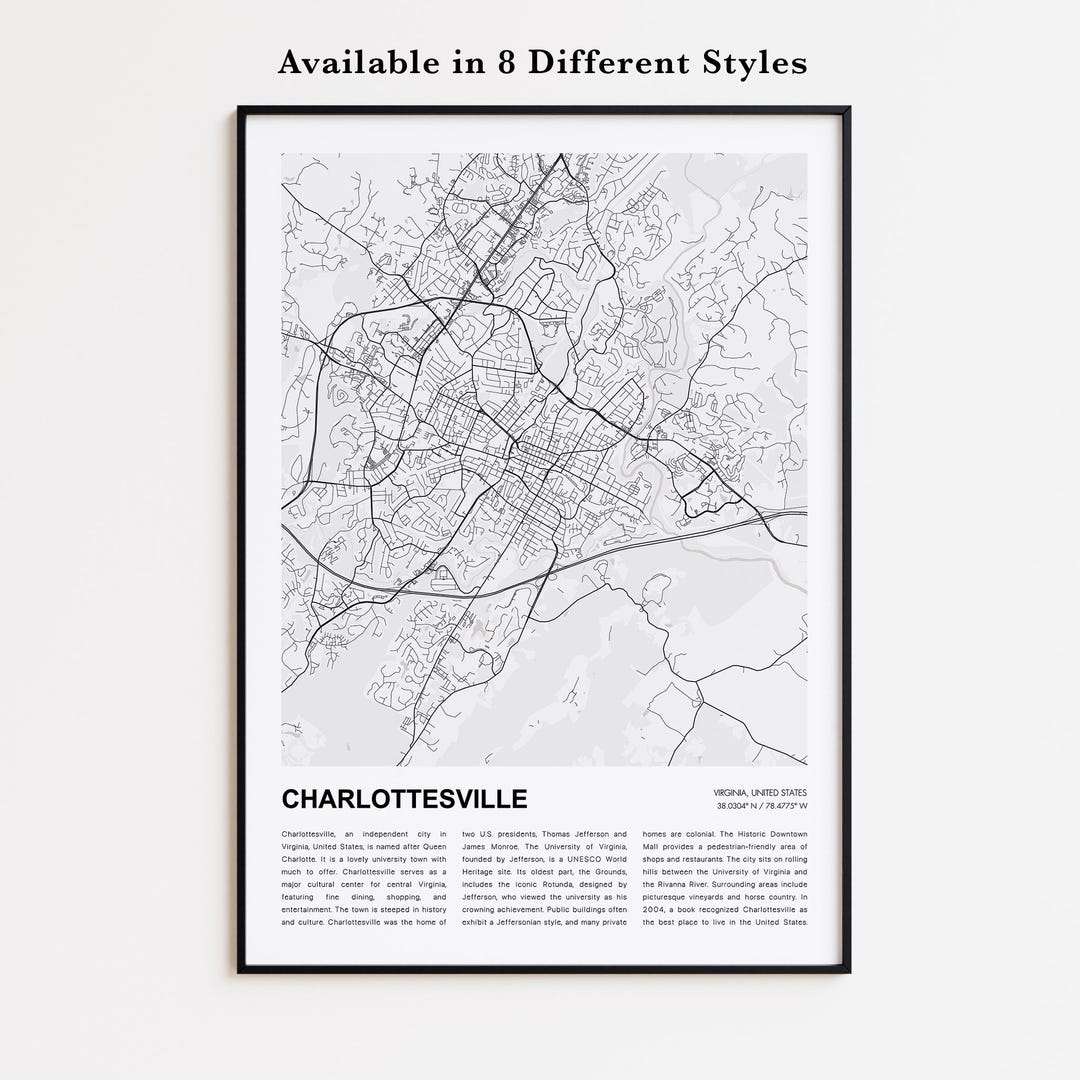 Charlottesville Map Print, Charlottesville Travel Map, Charlottesville ...