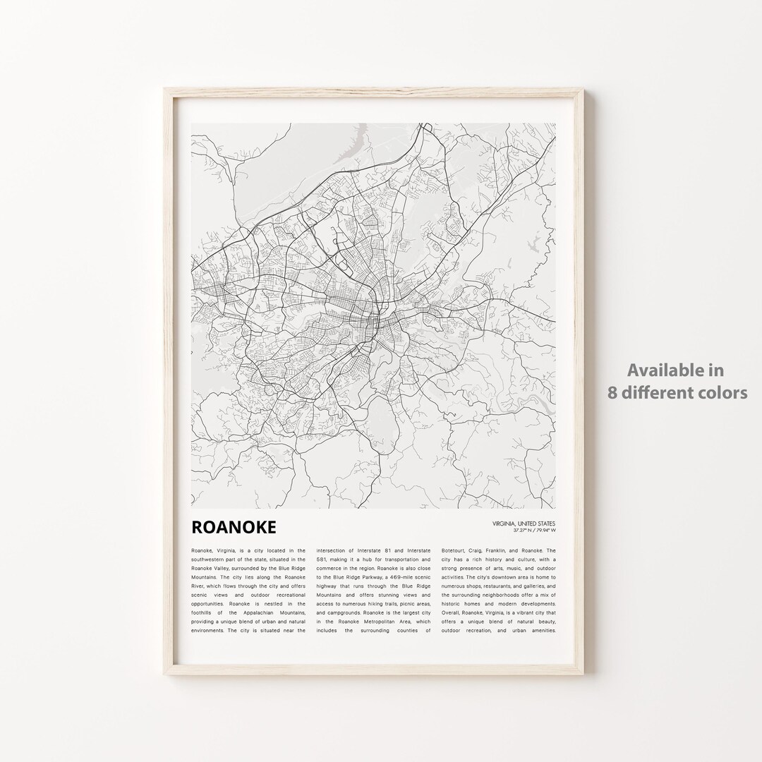 Roanoke Map Print, Roanoke Travel Map, Roanoke Wall Decor Art, Roanoke ...