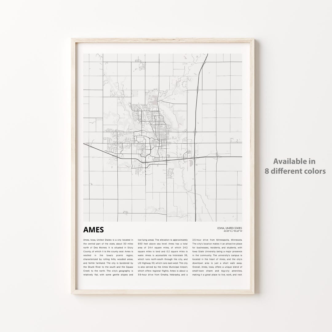 Ames Map Print, Ames Travel Map, Ames Wall Decor Art, Ames Iowa ...