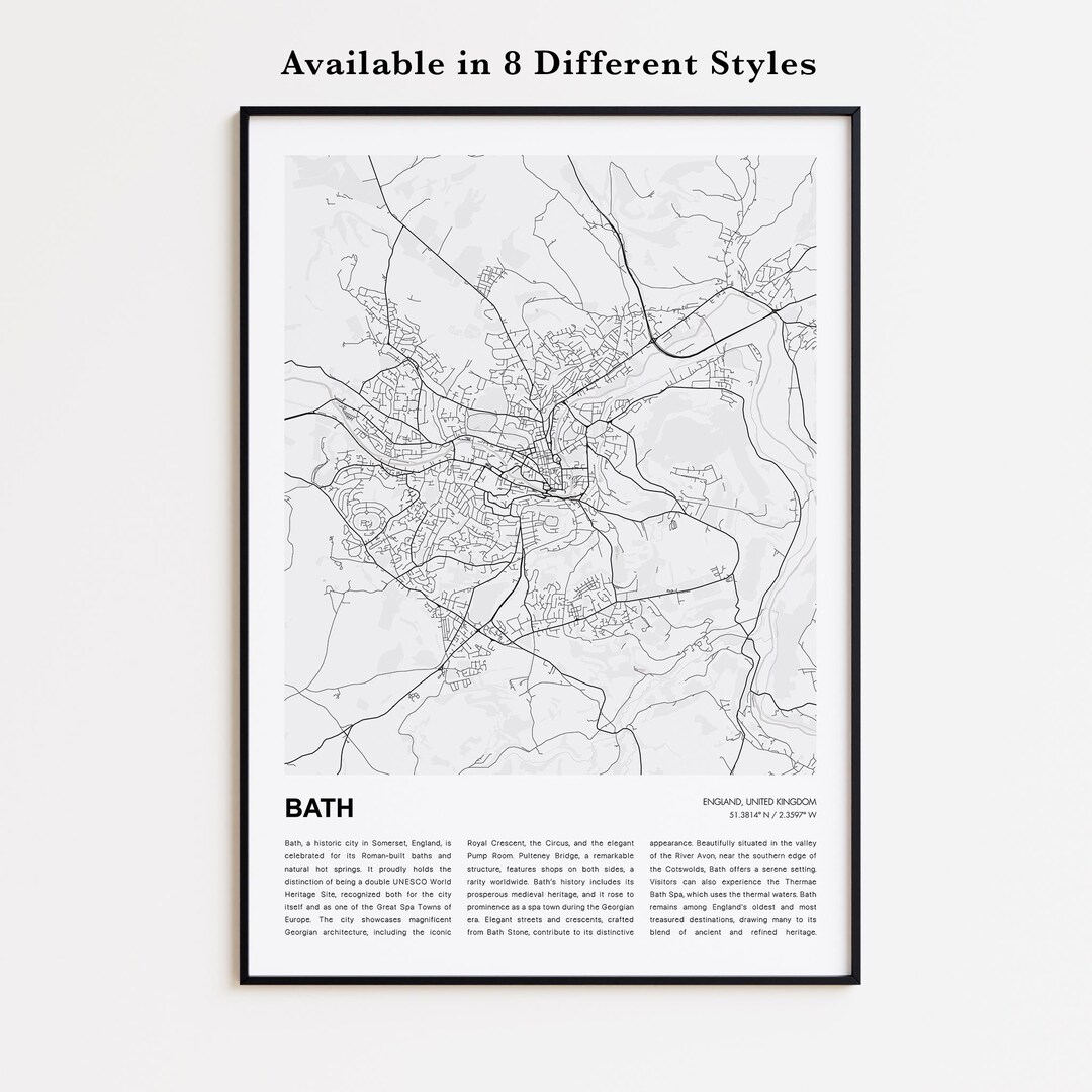 Bath Map Print, Bath Travel Map, Bath Wall Decor Art, Bath England ...