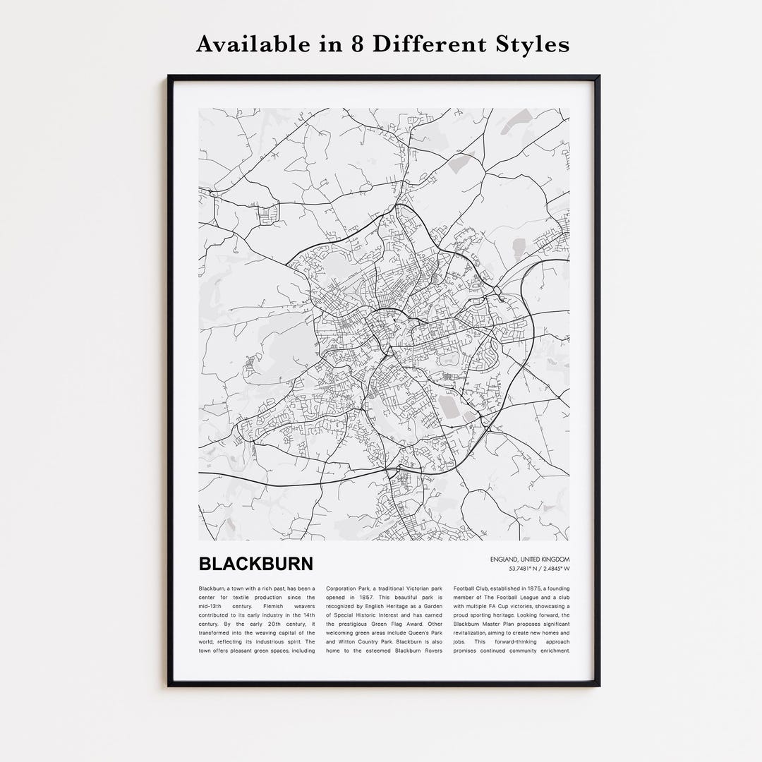 Blackburn Map Print, Blackburn Travel Map, Blackburn Wall Decor Art ...