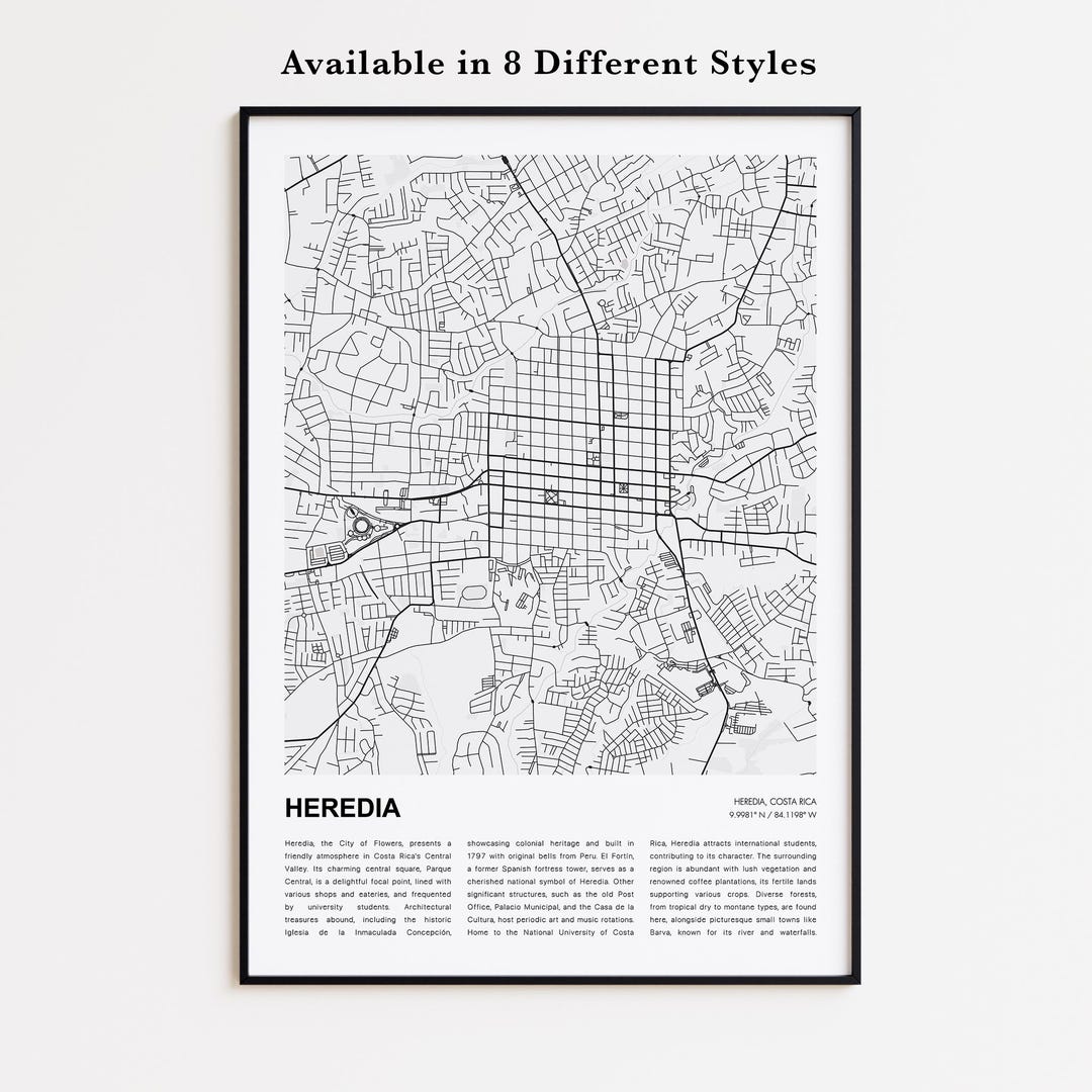 Heredia Map Print, Heredia Travel Map, Heredia Wall Decor Art, Heredia ...