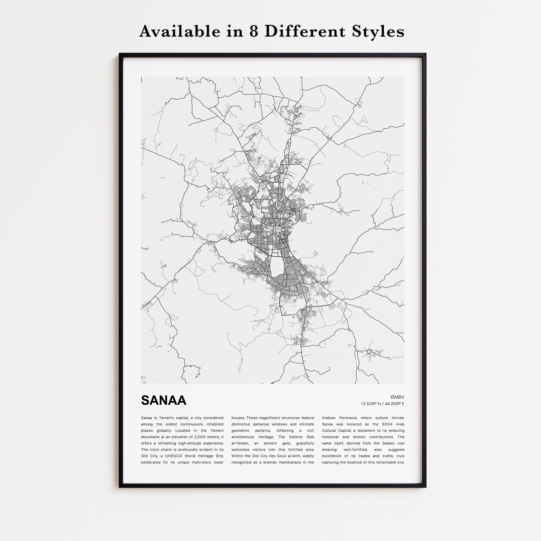 Sana'a Map Print, Sana'a Travel Map, Sana'a Wall Decor Art, Sana'a Sana ...