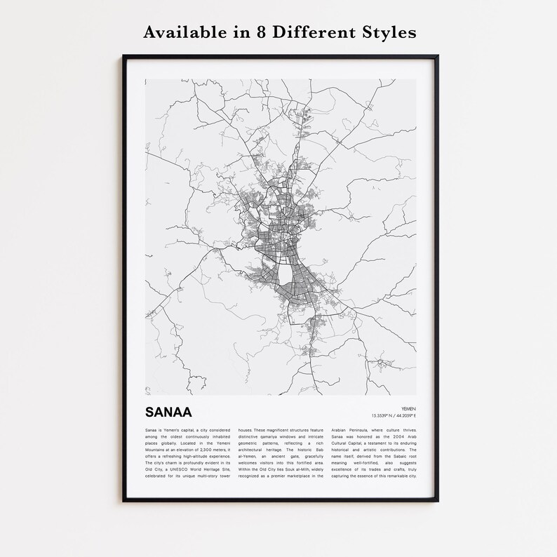 Sana'a Map Print, Sana'a Travel Map, Sana'a Wall Decor Art, Sana'a Sana ...