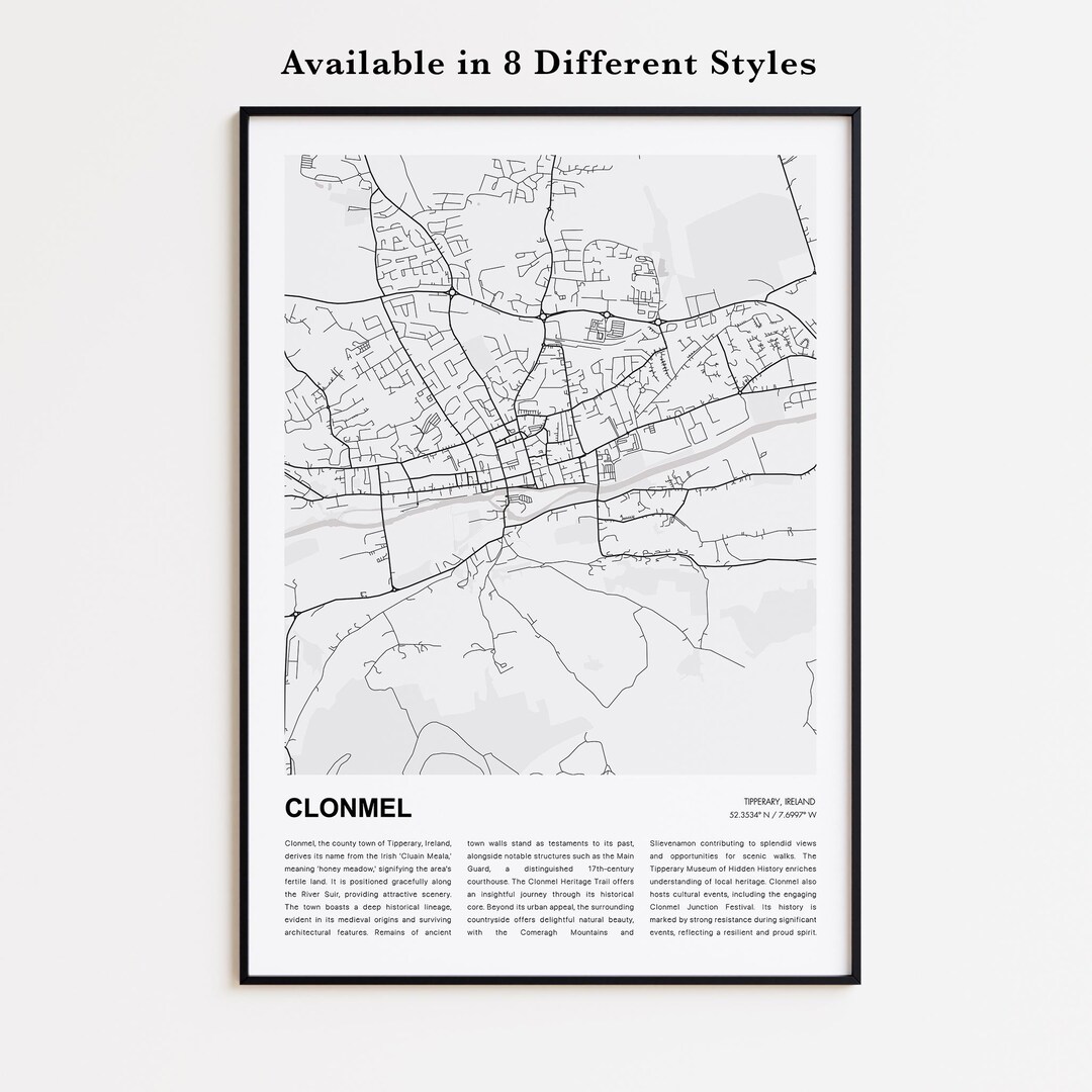 Clonmel Map Print, Clonmel Travel Map, Clonmel Wall Decor Art, Clonmel ...